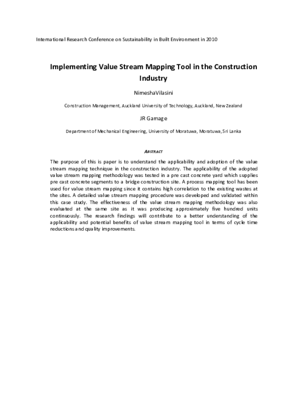 (PDF) Implementing Value Stream Mapping Tool in the Construction Industry