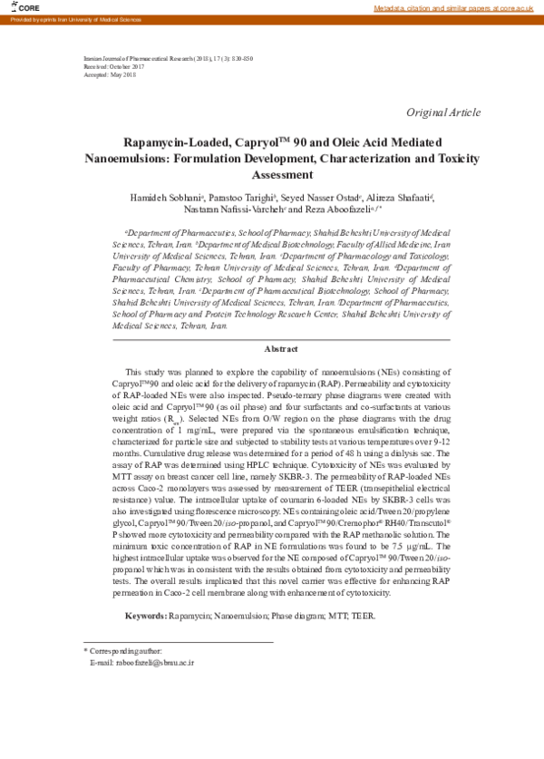 Pdf Rapamycin Loaded Capryolâ ¢ 90 And Oleic Acid Mediated Nanoemulsions Formulation