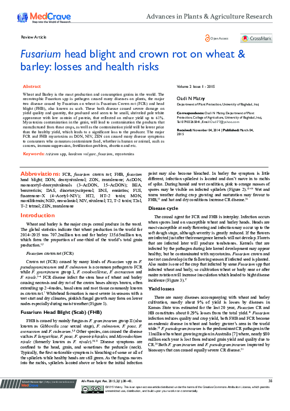 (PDF) Fusarium Head Blight and Crown Rot on Wheat & Barley: Losses and ...