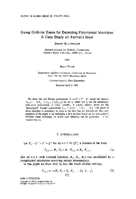 (PDF) Using Gröbner bases for detecting polynomial identities: A case study on Fermat's ideal