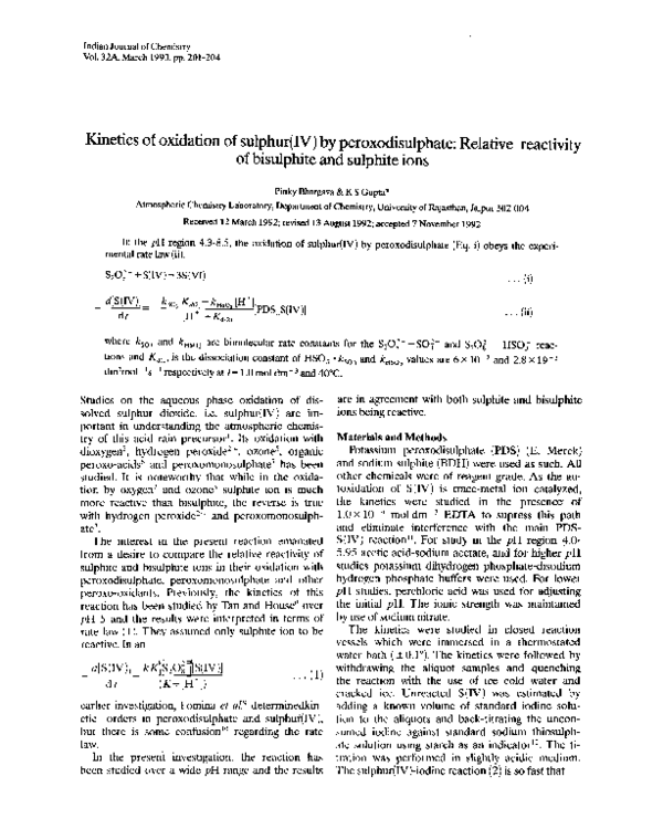(PDF) Kinetics of oxidation of sulphur(IV) by peroxodisulphate ...