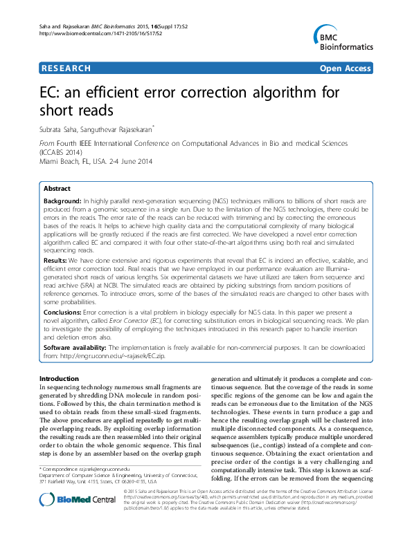 (PDF) EC: an efficient error correction algorithm for short reads