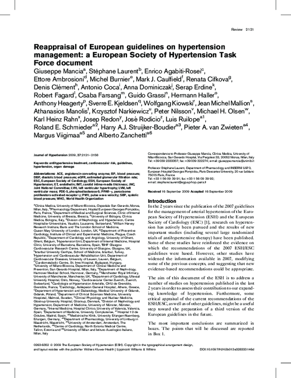 (PDF) Reappraisal of European guidelines on hypertension management: a European Society of ...