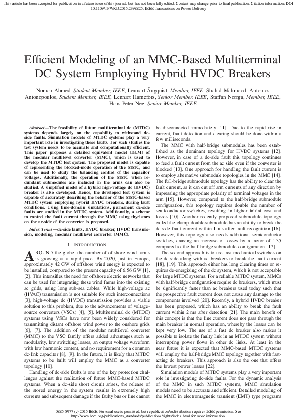 (PDF) Efficient Modeling of an MMC-Based Multiterminal DC System ...