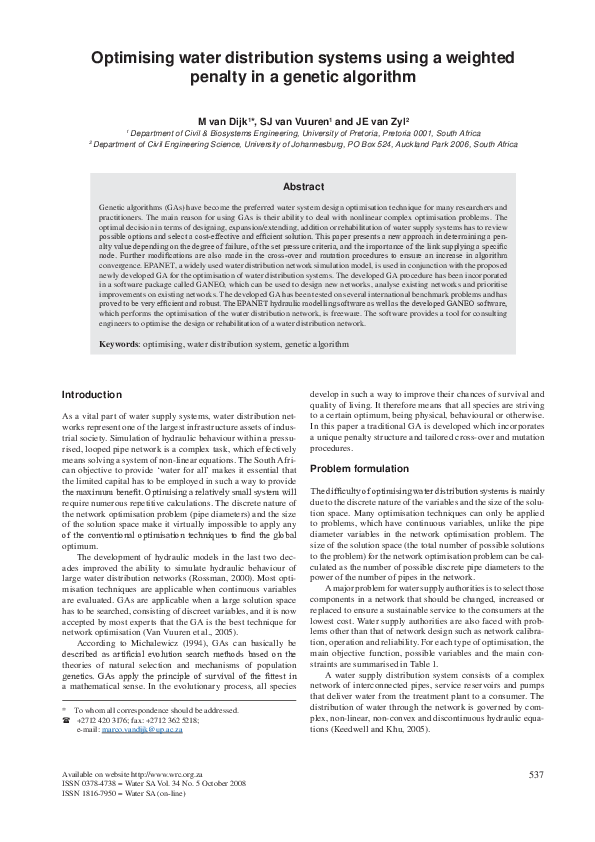 Pdf Optimising Water Distribution Systems Using A Weighted Penalty In A Genetic Algorithm
