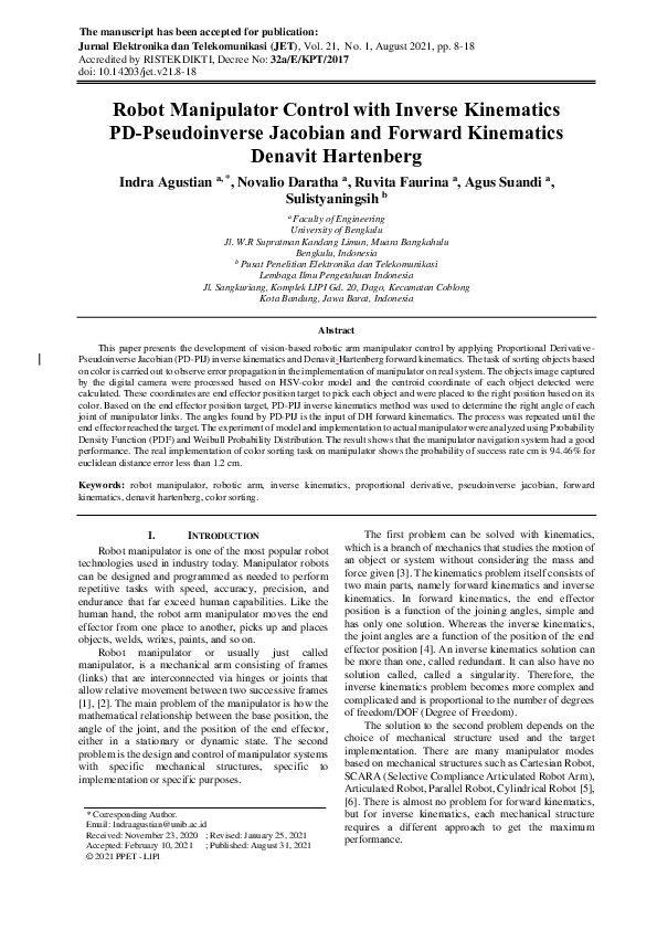(PDF) Robot Manipulator Control with Inverse Kinematics PD-Pseudoinverse Jacobian and Forward ...