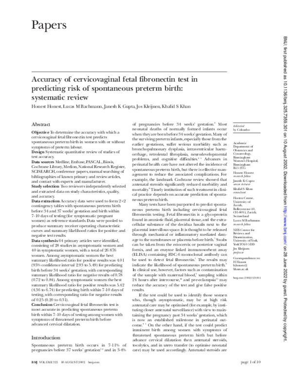 (PDF) Accuracy of cervicovaginal fetal fibronectin test in predicting ...