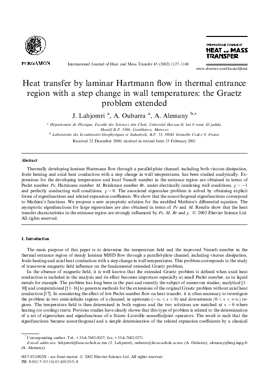 (PDF) Heat transfer by laminar Hartmann flow in thermal entrance region ...