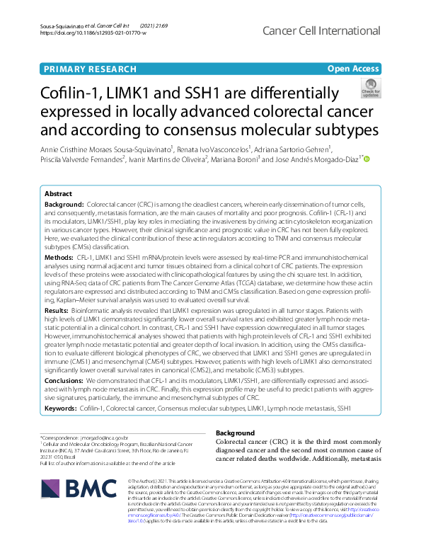 (PDF) Cofilin-1, LIMK1 and SSH1 are differentially expressed in locally ...