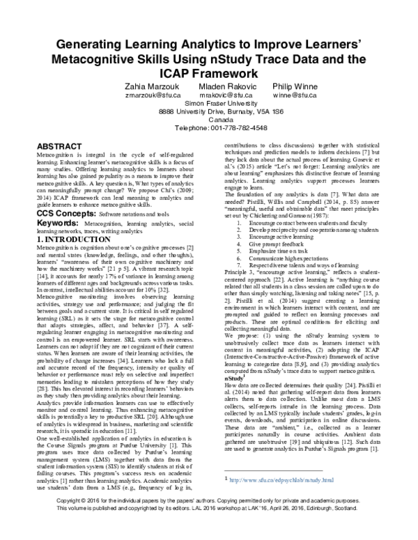 Pdf Generating Learning Analytics To Improve Learners Metacognitive