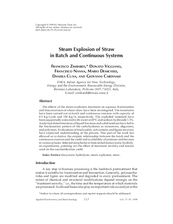 (PDF) Steam Explosion of Straw in Batch and Continuous Systems