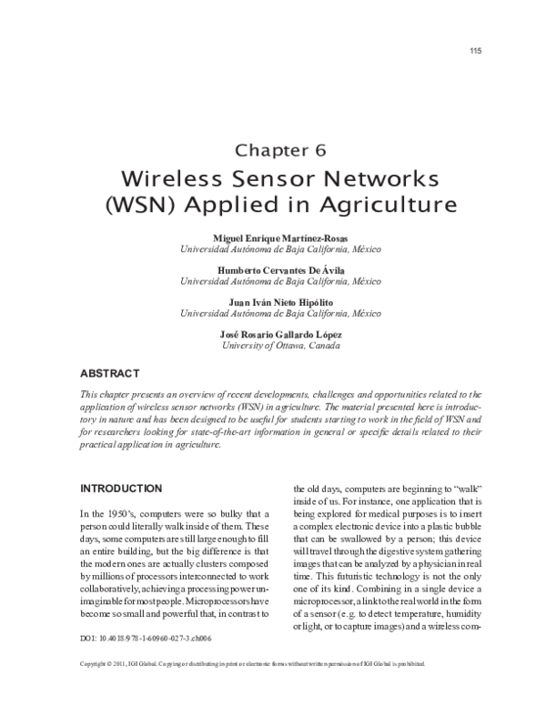 (PDF) Wireless Sensor Networks (WSN) Applied in Agriculture