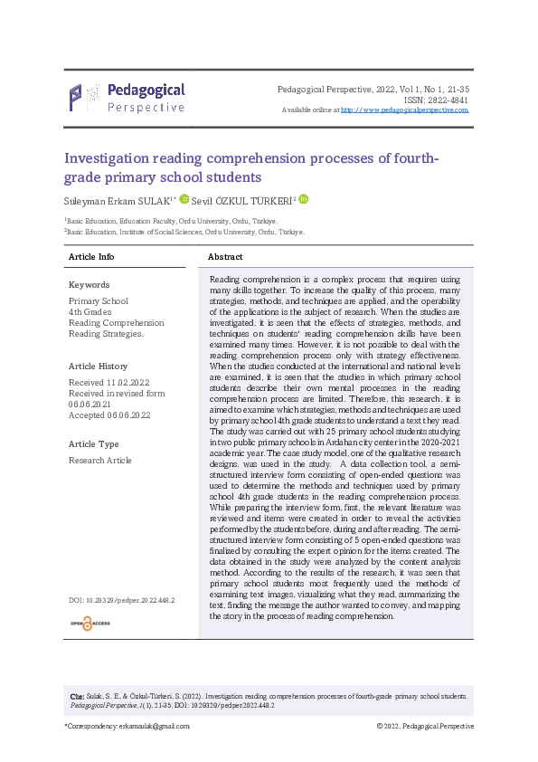 (PDF) Investigation reading comprehension processes of fourth grade primary school students