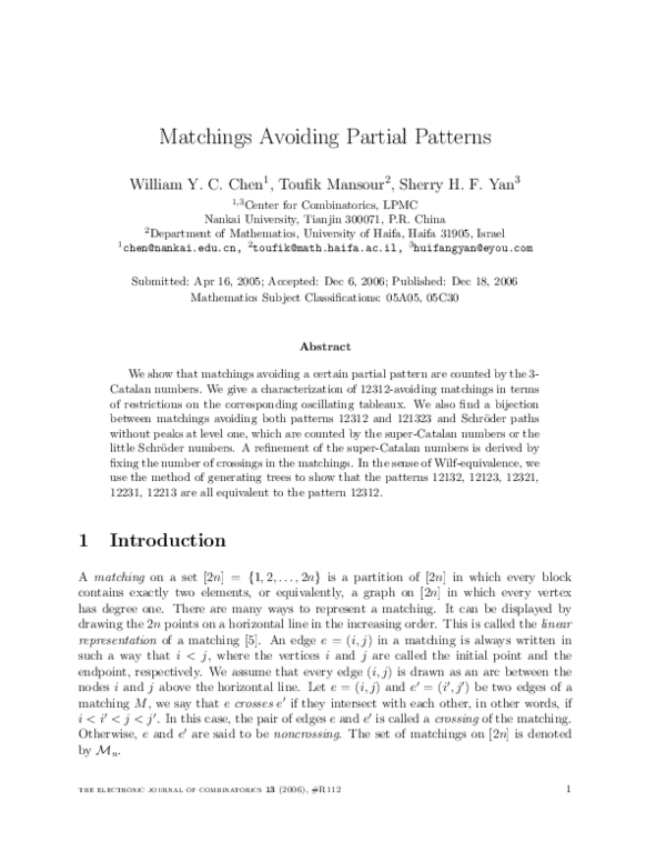 (PDF) Matchings Avoiding Partial Patterns | Toufik Mansour - Academia.edu