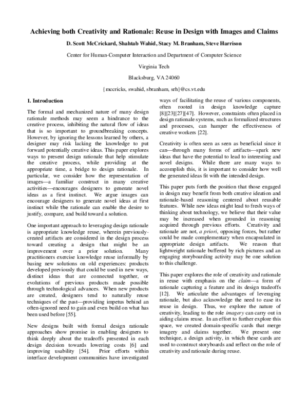 (PDF) Achieving Both Creativity and Rationale: Reuse in Design with Images and Claims | Steve ...