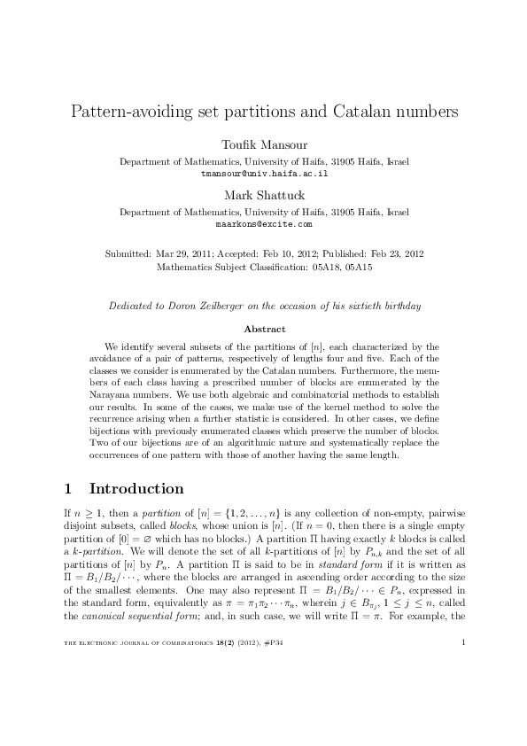 (PDF) Pattern-Avoiding Set Partitions and Catalan Numbers | Toufik Mansour - Academia.edu