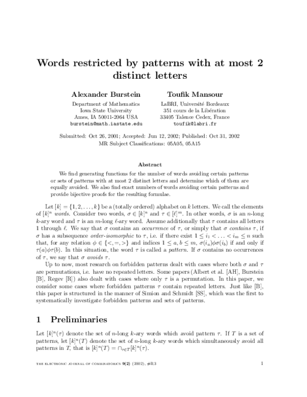 (PDF) Words Restricted by Patterns with at Most 2 Distinct Letters