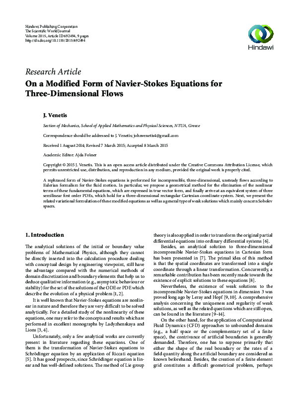 (PDF) On a Modified Form of Navier-Stokes Equations for Three-Dimensional Flows | John Venetis ...