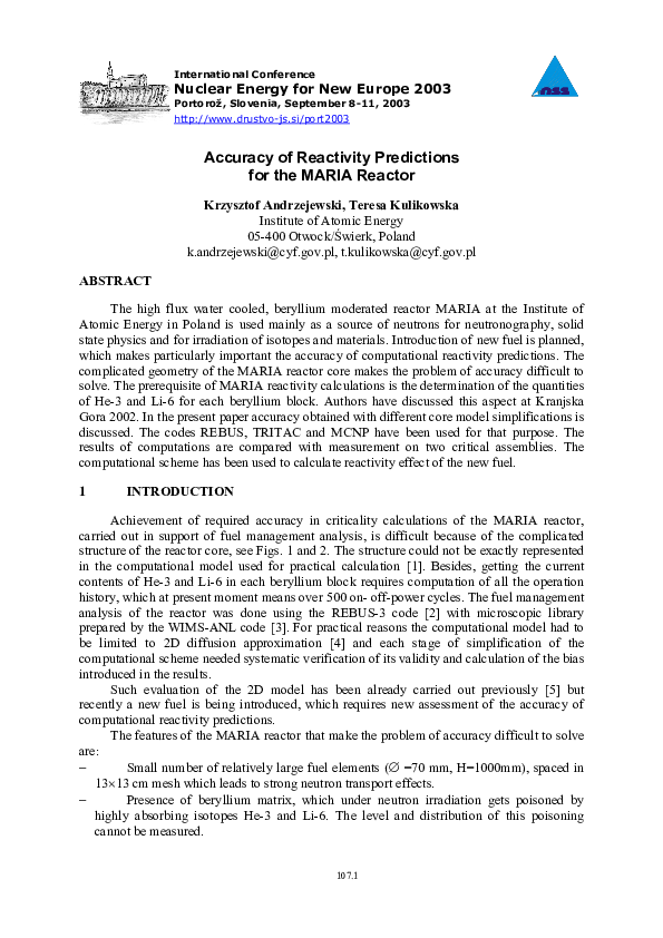 (PDF) Accuracy of Reactivity Predictions for the MARIA Reactor
