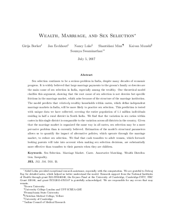 Pdf Wealth Marriage And Sex Selection∗