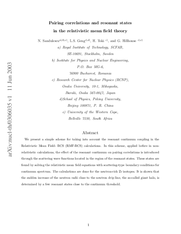 Pdf Pairing Correlations And Resonant States In The Relativistic Mean Field Theory