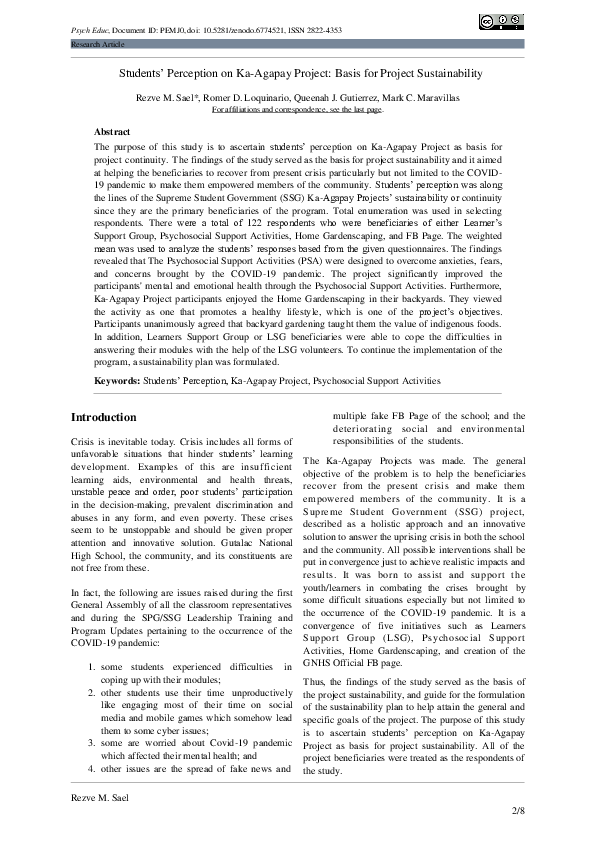 (PDF) Students' Perception on Ka-Agapay Project: Basis for Project ...