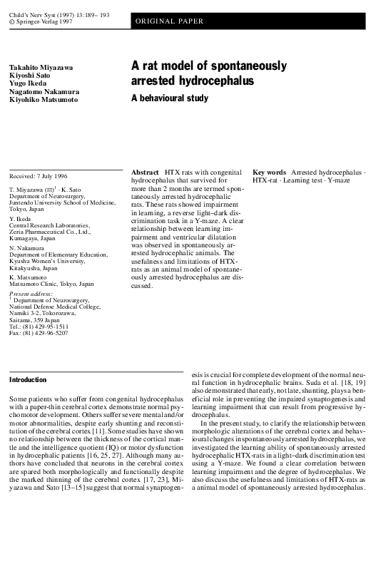 (PDF) A rat model of spontaneously arrested hydrocephalus
