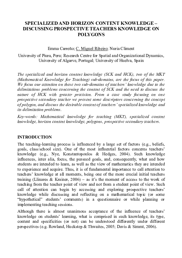 (PDF) Specialized and Horizon Content Knowledge–Discussing Prospective ...