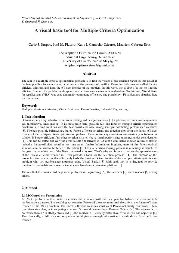 (PDF) A visual basic tool for Multiple Criteria Optimization