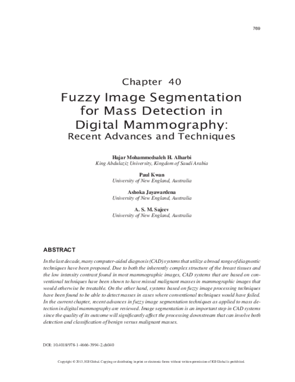 (PDF) Fuzzy Image Segmentation for Mass Detection in Digital Mammography