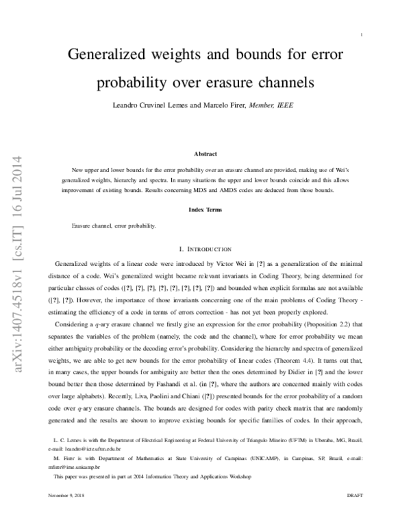 (PDF) Generalized weights and bounds for error probability over erasure ...