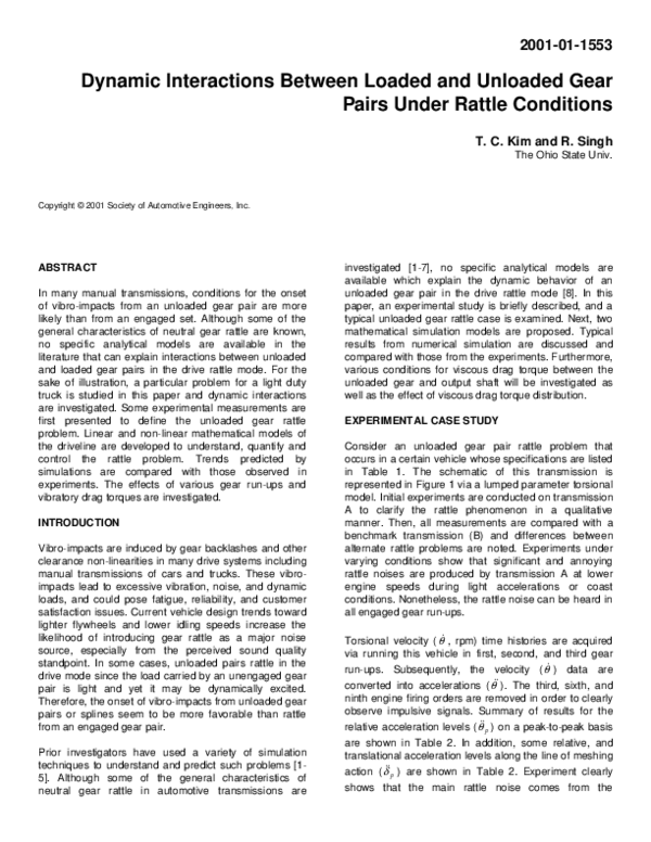 (PDF) Dynamic Interactions of Gear Pairs in Rattle