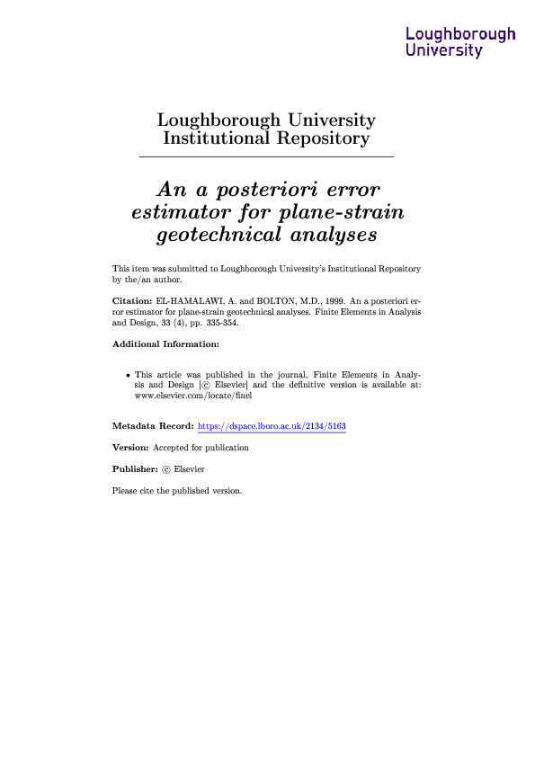 Pdf An A Posteriori Error Estimator For Plane Strain Geotechnical