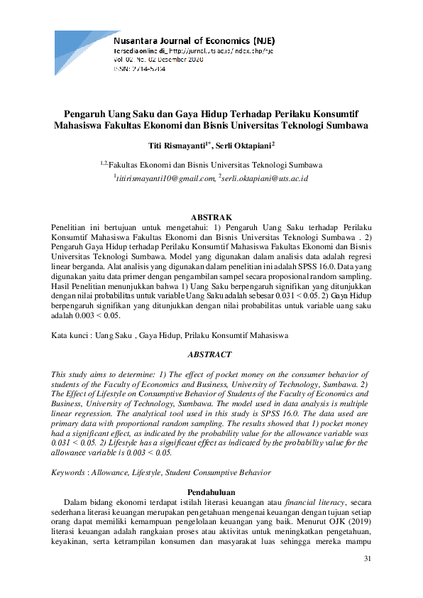 (PDF) Pengaruh Uang Saku dan Gaya Hidup Terhadap Perilaku Konsumtif Mahasiswa Fakultas Ekonomi ...
