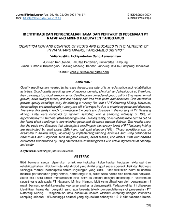 (PDF) Identifikasi Dan Pengendalian Hama Dan Penyakit DI Pesemaian PT Natarang Mining Kabupaten ...