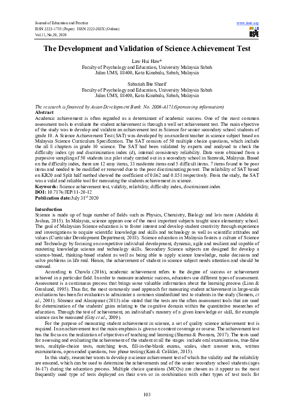 (PDF) The Development and Validation of Science Achievement Test