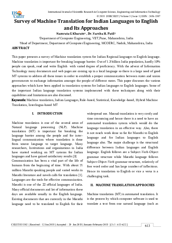 (PDF) Survey of Machine Translation for Indian Languages to English and Its Approaches