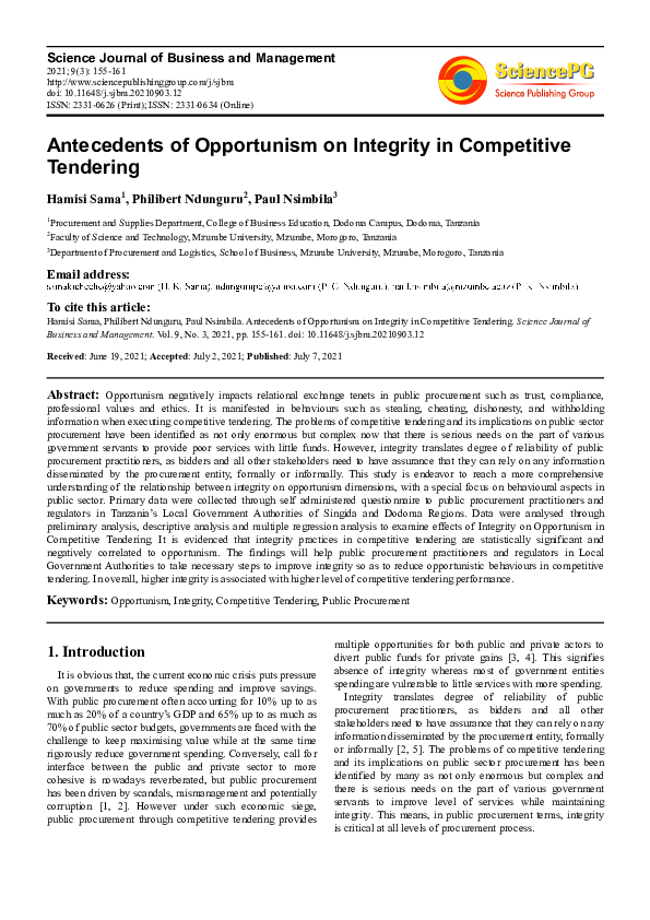 (PDF) Antecedents of Opportunism on Integrity in Competitive Tendering