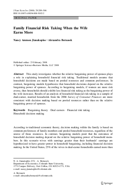 (PDF) Family Financial Risk Taking When the Wife Earns More