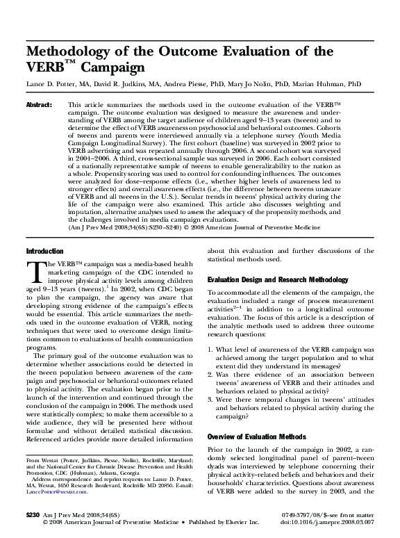 (PDF) Methodology of the Outcome Evaluation of the VERB™ Campaign