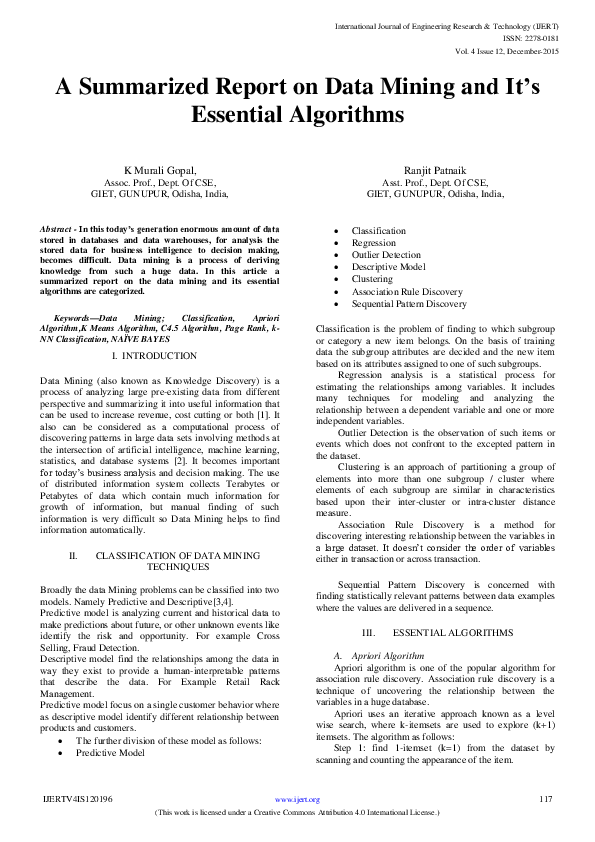 (PDF) A Summarized Report on Data Mining and It’s Essential Algorithms