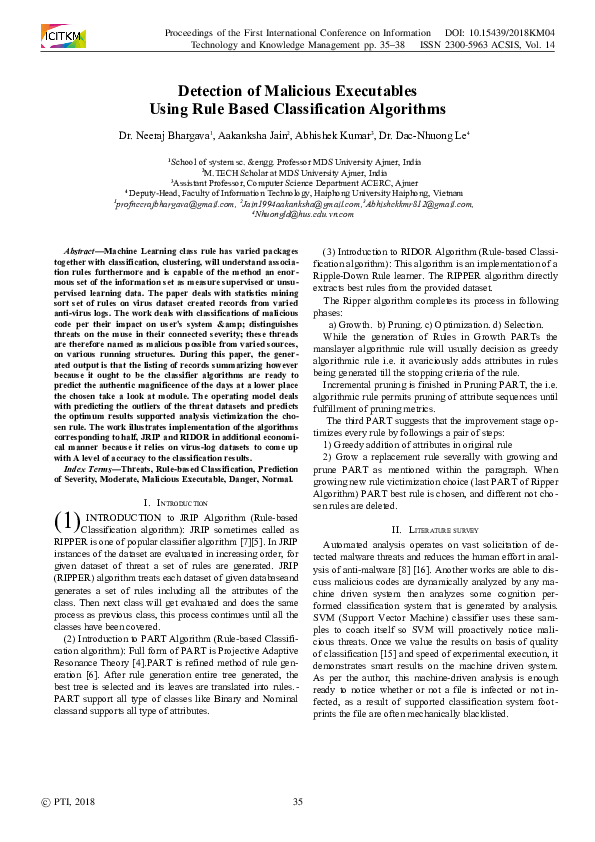(PDF) Detection of Malicious Executables Using Rule Based Classification Algorithms