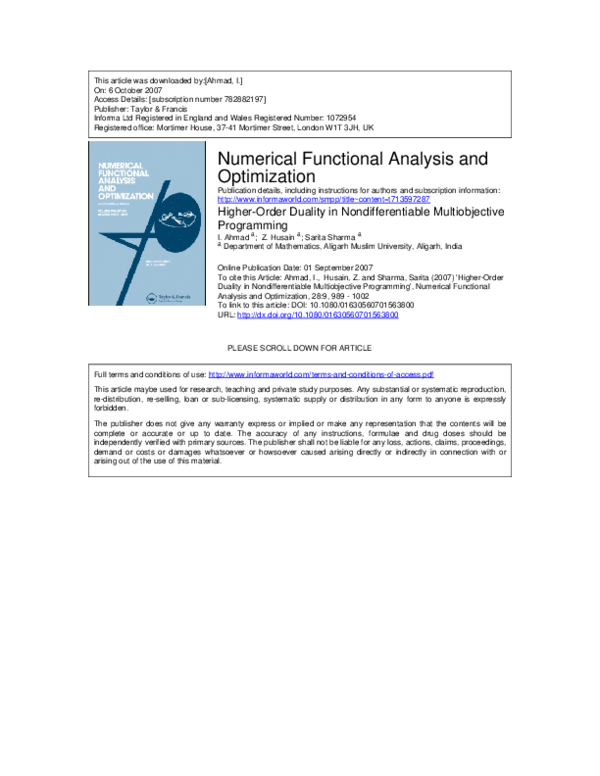 Pdf Higher Order Duality In Nondifferentiable Multiobjective Programming Zakir Husain