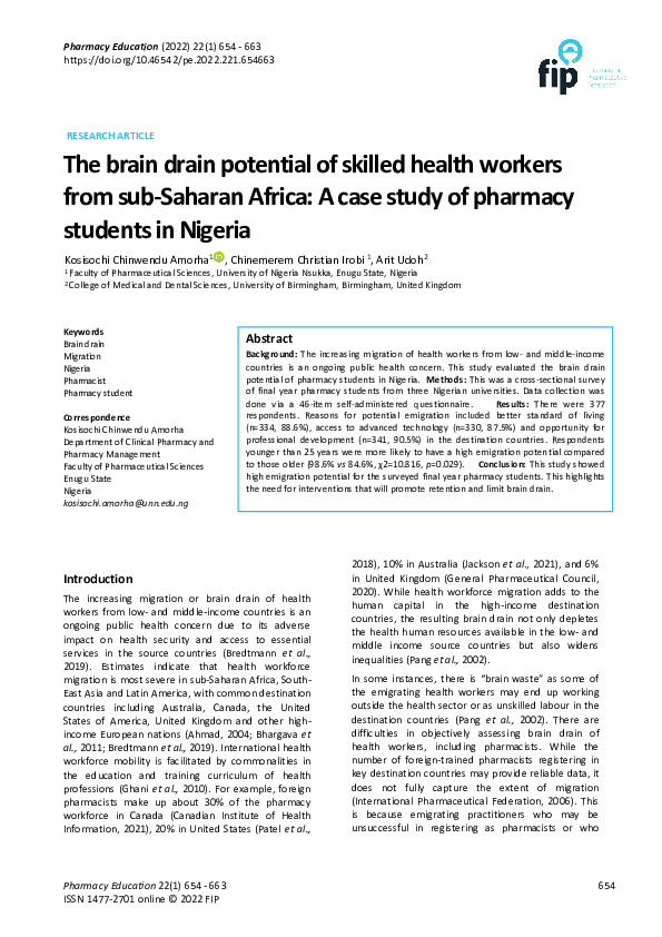 (PDF) The brain drain potential of skilled health workers from sub ...