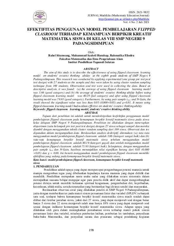 (PDF) Efektifitas Penggunaan Model Pembelajaran Flipped Clasroom Terhadap Kemampuan Berpikir ...