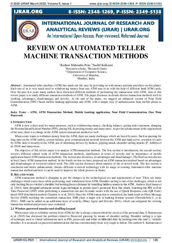 Pdf Review On Automated Teller Machine Transaction Methods 6528