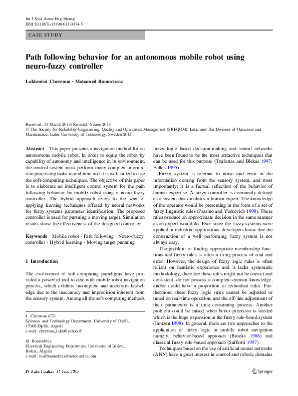 Pdf Path Following Behavior For An Autonomous Mobile Robot Using Neuro Fuzzy Controller