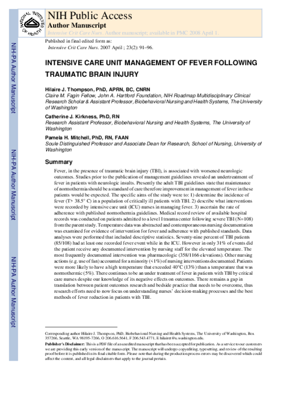 (PDF) Intensive care unit management of fever following traumatic brain ...