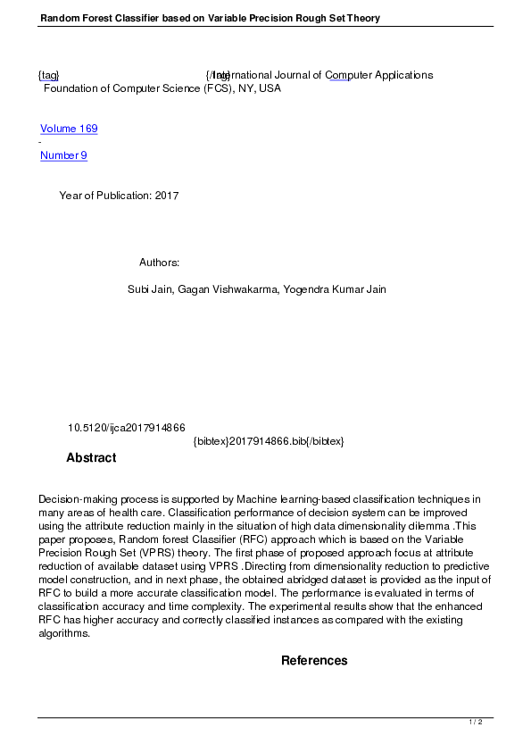 (PDF) Random Forest Classifier based on Variable Precision Rough Set Theory | Gagan Vishwakarma ...