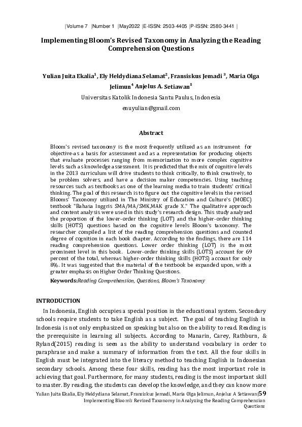 (PDF) Implementing Bloom’s Revised Taxonomy in Analyzing the Reading Comprehension Questions